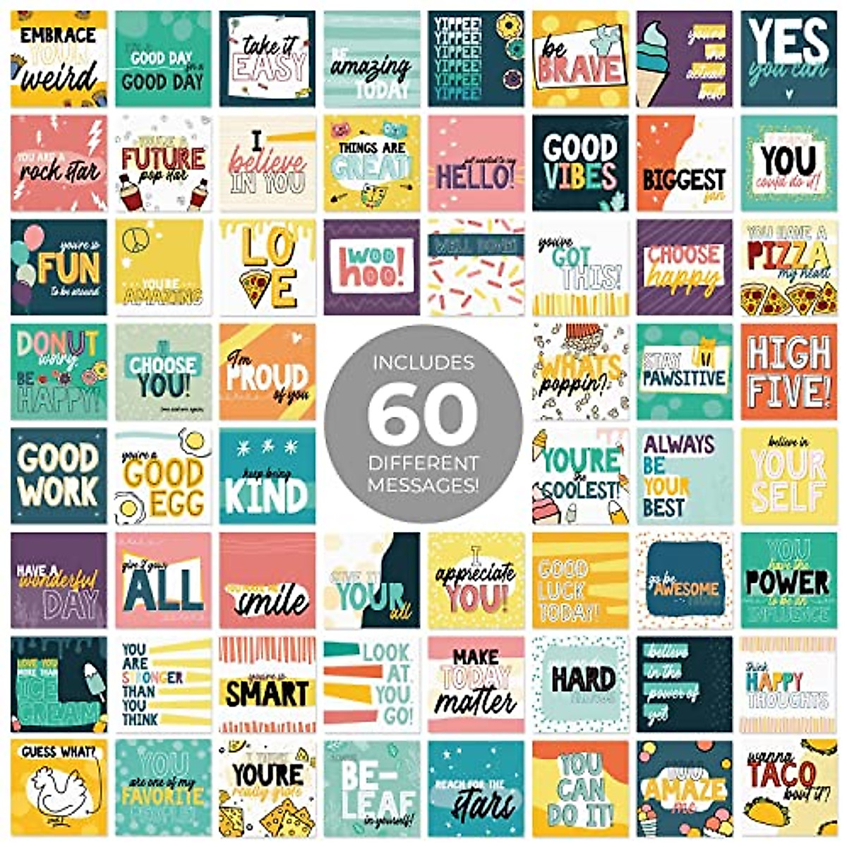 Funny Teen Lunch Box Notes / 3.5" x 3.5" Double Sided Motivatational and Silly Mini Cards / 60 Tween Backpack Notecards/Made in The USA