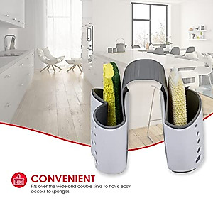 Home Basics Draining Dual Sink Saddle Sponge Holder Organizer for Double Sink, White/Grey