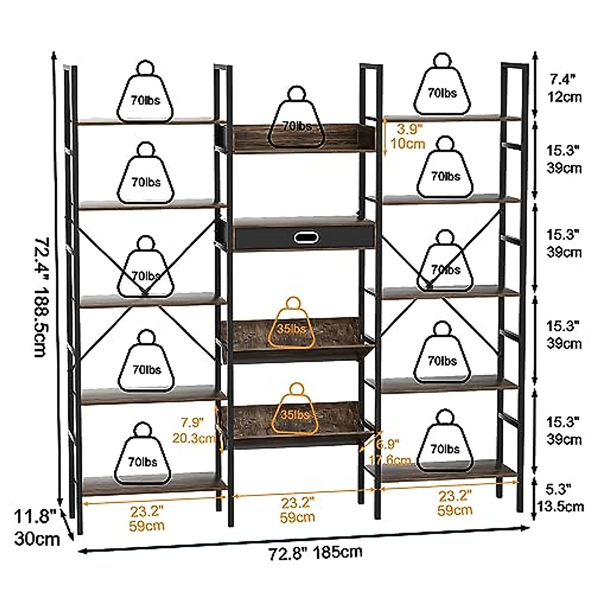 Industrial Style Wood Bookshelf, Triple 5 Tiers Bookshelf with Metal Frame, Rustic Book Shelves Display Shelf for Home Office, Etagere Large Open Bookshelf for Bedroom Living Room, Vintage Brown