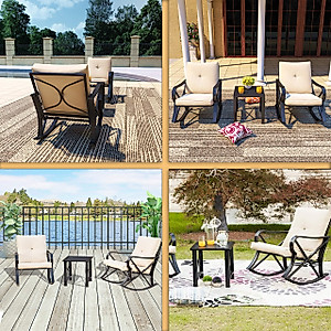 PatioFestival Rocking Chairs Bistro Set Metal Outdoor Furniture Conversation Set with Coffee Table&Thick Cushions for Backyard,Lawn,Porch,Poolside (3PCs, Khaki)