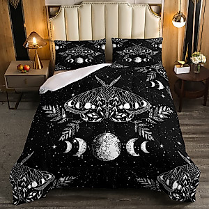Erosebridal Gothic Moth Comforter Set Full Size Skeleton Halloween Boho Death Moth Decor Quilted Duvet Animal Skeleton Skull Down Comforter Bohemian Sun and Moon Duvet Insert with 2 Pillowcases