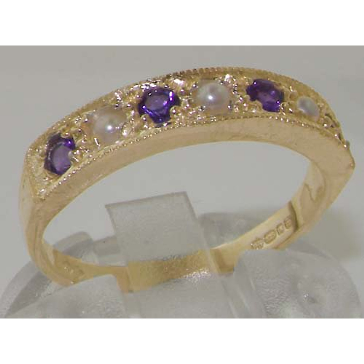 LetsBuyGold Solid 10k .417 Yellow Gold Cultured Pearl and Amethyst Womens Band Ring - Sizes 4 to 12 Available