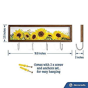 Decorada Sunflower Kitchen Decor - Sunflower Wall Art (4 x Towel/Coat Hooks) Made from Wood (3.5 x 16.9 & Wall Mounting Screws) Sunflower Decor For Kitchen - Sunflower Decor For Bedroom