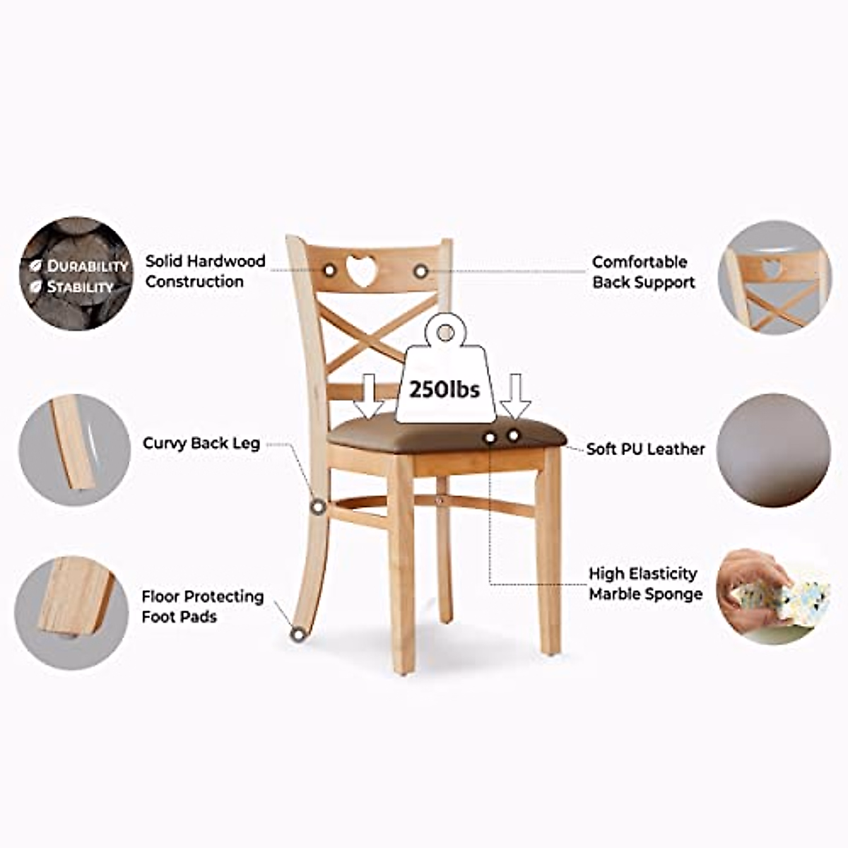 Livinia Heart X-Back Dining Chair Set of 2, Solid Malaysian Oak PU Leather Upholstered Cushion Seat Wooden Cross Back Side Chairs (Natural-Oak)