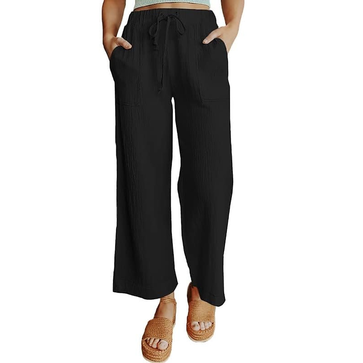 Dokotoo Women's Ladies 2024 Summer Beach Casual Linen Elastic High Waisted Drawstring Comfy Elegant Wide Leg Loose Flowy Long Palazzo Pants for Women Trousers with Pockets Black XL
