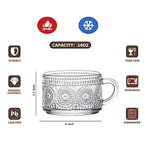 Gezzeny Vintage Coffee Mugs with Saucers 14 Oz Set of 2 Embossed Glass Cups, Tea Cups, Glass Coffee Cups for Cappuccino, Latte,Cereal, Beverage Birthday Valentine's Day Gifts