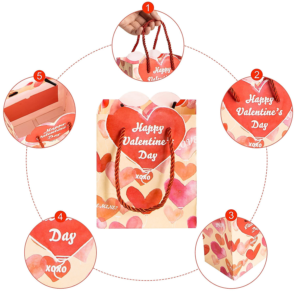 JOYIN 12 Pcs Red Pink Valentine’s Day Gift Bags with Handles, 5 X 6 X 3.5 inch, Kraft Paper Gift Bag with Pocket for Gift Cards, Gift Exchange Goodie Bags for Gift Giving Present Wrapping Party Favor