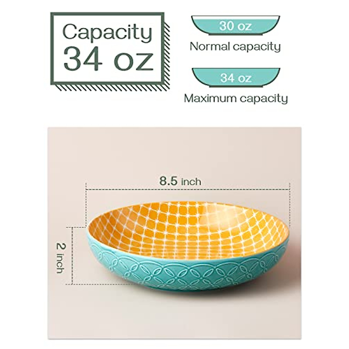 DOWAN Vibrant Pasta Bowls, 8.5'' Large Salad Bowls, 34 Oz Porcelain Pasta Serving Bowl Set of 4, Bowls for Pasta, Salad, Soup, Oatmeal, Mix-match Pattern, Ideal Housewarming Gift