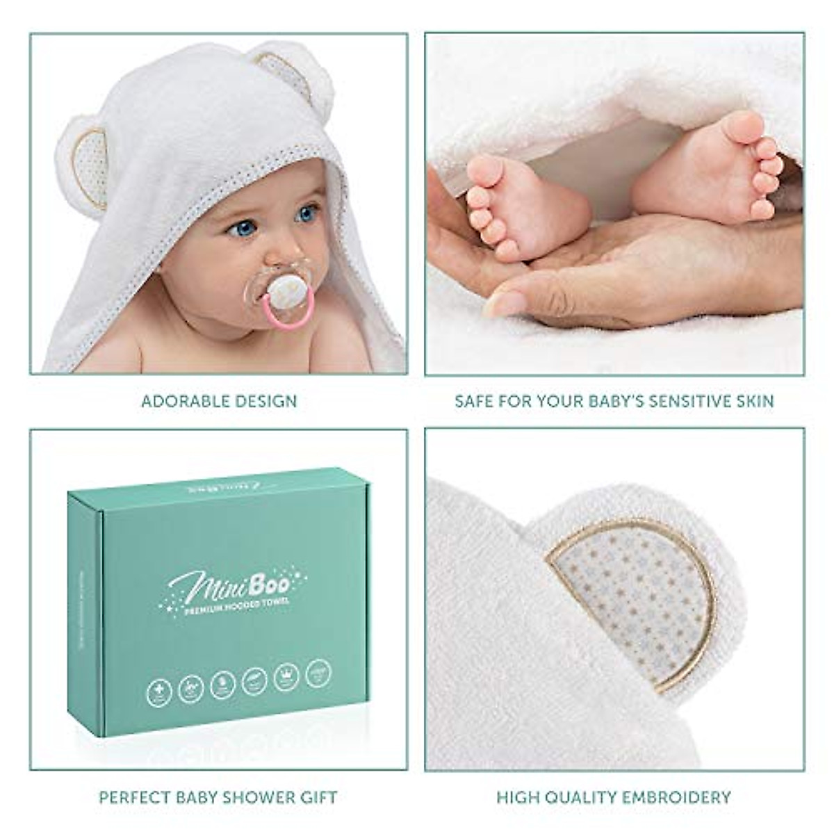MINIBOO Hooded Baby Towel - Ultra-Soft and Hypoallergenic Rayon from Bamboo Baby Towels for Newborns, Infants, and Toddlers - Super Absorbent Baby Bath Towels