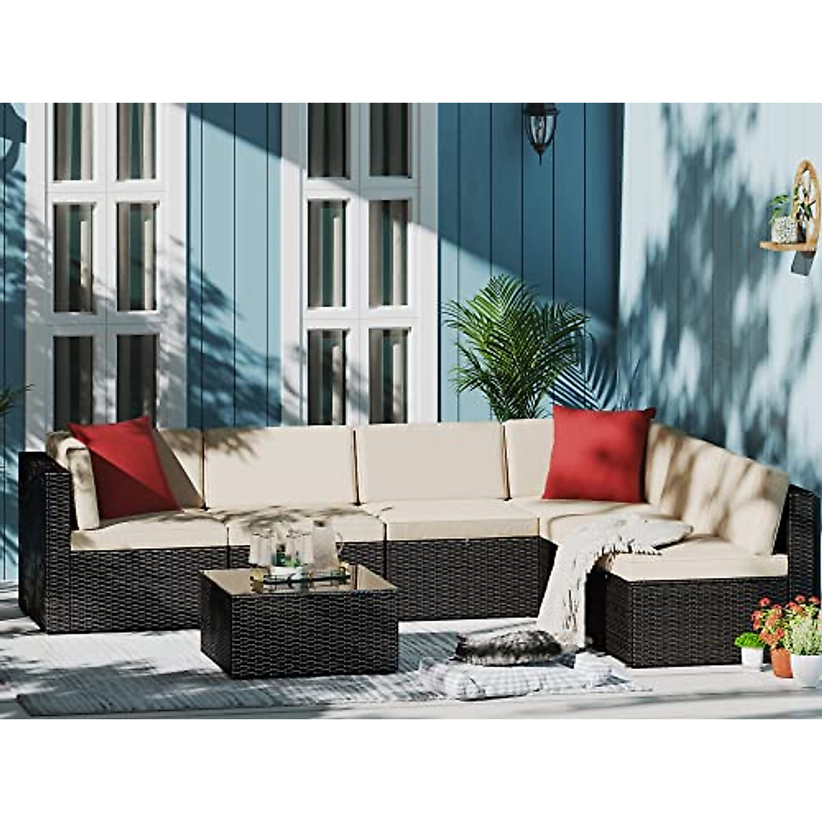 Greesum Patio Furniture Sets 7 Piece Outdoor Wicker Rattan Sectional Sofa with Cushions, Pillows & Glass Table, Beige