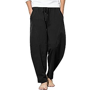COOFANDY Men's Baggy Capri Trousers Drawstring Vacation Linen Beach Pants Summer Black
