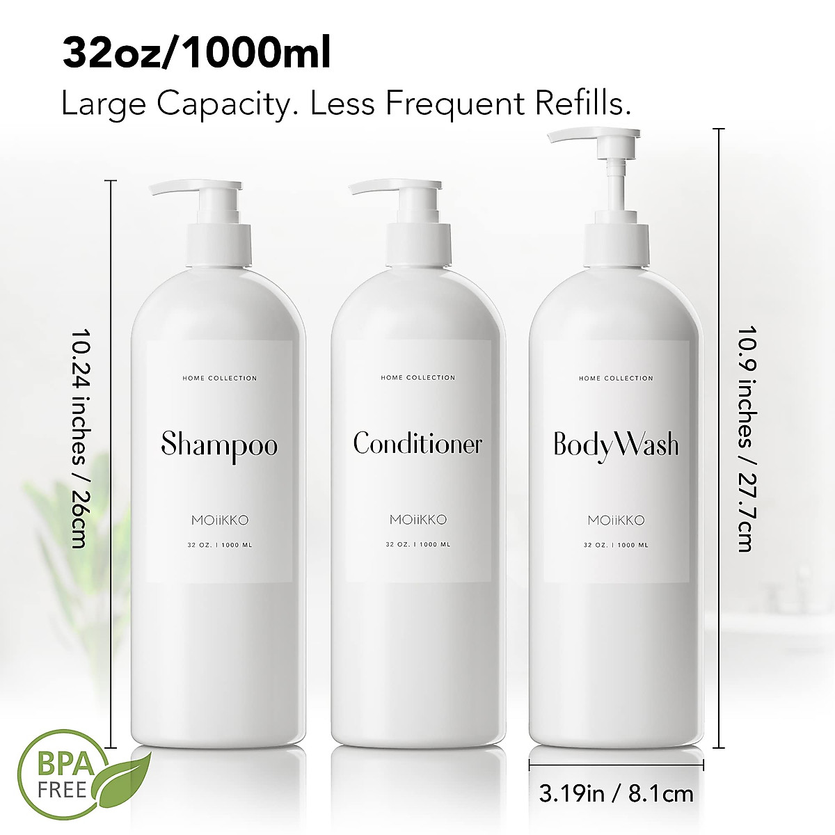 MOIIKKO 32oz Refillable Shampoo and Conditioner Dispenser Bottles - Set of 3 Empty Shampoo Conditioner Body Wash Dispenser with 8 Waterproof Labels