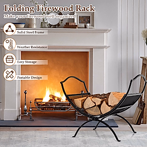 Goplus 19” Folding Firewood Rack, Outdoor Portable Fireplace Log Rack w/Convenient Handle, Heavy-Duty Steel Frame, Indoor Compact Firewood Storage Holder, Perfect for Fireplace, Firepit, Black