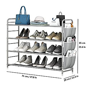 SUOERNUO Shoe Rack Storage Organizer 4 Tier Free Standing Metal Shoe Shelf Compact Shoe Organizer with Side Bag for Entryway Closet Bedroom, Grey