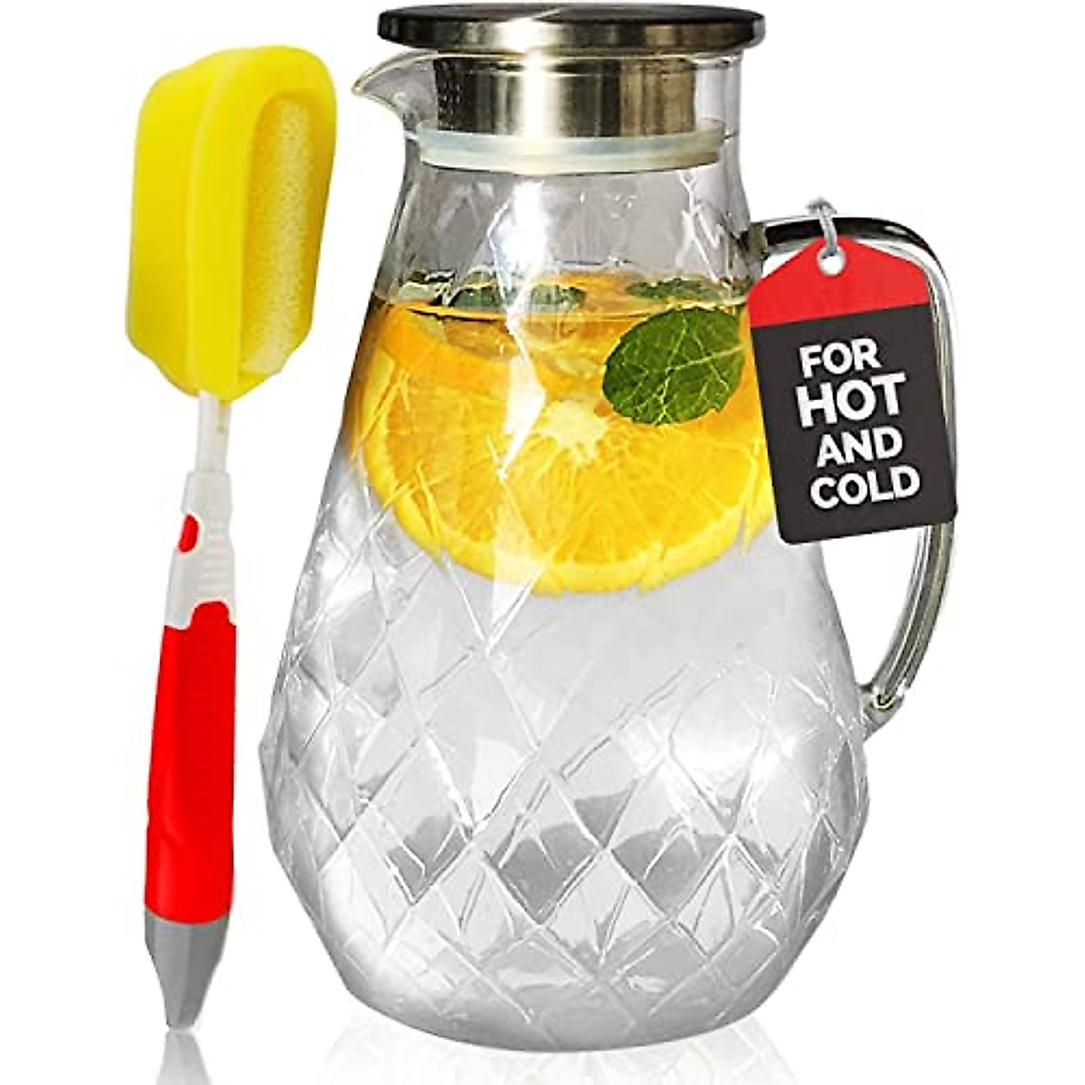 Pykal Diamond Glass Pitcher with Lid - 72 Oz - Heat Resistant Water or Juice Pitchers with Lids - Beverage Carafe for Lemonade, Iced Tea or Sangria - w/Free Brush