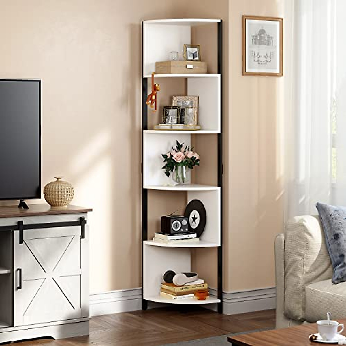 YITAHOME 6-Tier Corner Shelf, 68.8" Tall Modern Free Standing Zigzag Corner Bookshelf, 6 Shelf Display Corner Bookcase Open Small Book Shelves for Living Room, Home Office, Small Space, White