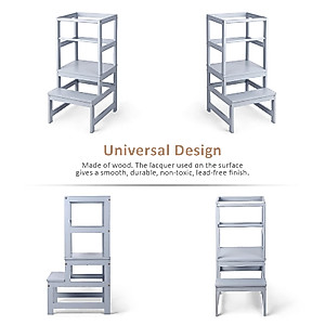 Toddler Tower, Kids Step Stool, Kitchen Helper Step Stool for Kids and Toddlers, 2 Steps Stool with Safety Rail, Wooden/ 40x48.5x90cm/ Grey