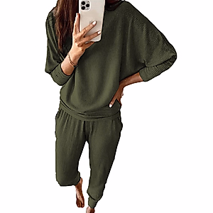 PRETTYGARDEN Women's Spring Fall Fashion Outfits 2 Piece Sweatsuit Long Sleeve Pullover Long Pants Ribbed Matching Lounge Set (Army Green,Large)