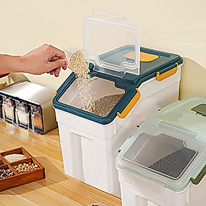 PENCK Rice Storage Container Large Flour Dispenser Plastic Food Bin Holder Airtight Cereal Grain Organizer Box with Locking Lid, Measuring Cup, Scoop & Wheels, 8-15kg Capacity (Blue)