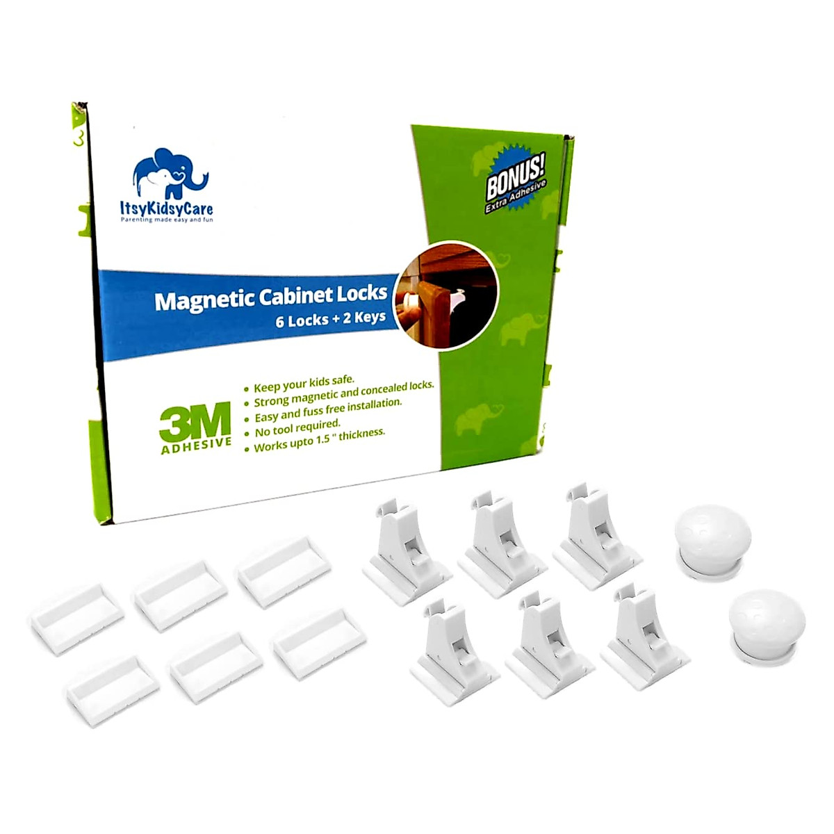 ItsyKidsyCare Baby Proofing Magnetic Cabinet Locks for Child Safety for Cabinets and Drawers No Tools or Screws Needed, 6 Locks, 2 Keys and 4 Bonus 3M Adhesives