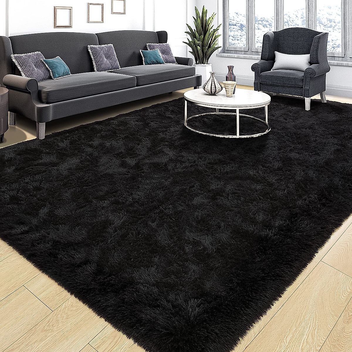 Tepook Super Soft Fluffy Rug for Bedroom, Modern Shaggy Rug Fuzzy Kids Rug for Living Room, Plush Indoor Nursery Home Decor Rug with Non-Slip Bottom, Black, 5 X 8 Feet