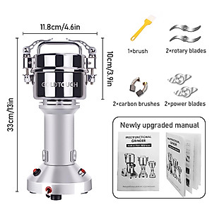 Goldtouch 150g Grain Mill Grinder 1500W Electric Stainless Steel Grain Grinder High-Speed Pulverizer Powder Machine for Dry Wheat, Oats, Corn, Pepper and Coffee Beans (150g Stand Type)