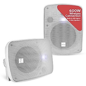 Pyle Indoor Outdoor Wireless Bluetooth Speaker System-2-Way Active/Passive Pair - 5.25in, LED Lights,600Watt Peak Power,Weatherproof,Wall/Ceiling Mounted Speakers w/Metal Grill, Universal Mount-White