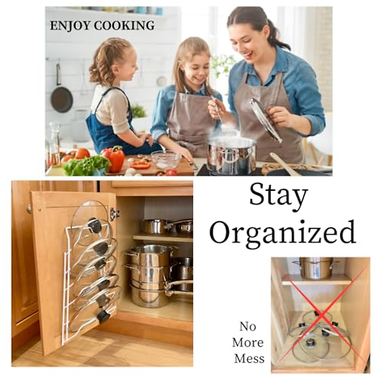 Evelots 6 Pot Lid Organizer for Cabinet Door or Pantry Wall - Closet Door Pots and Pans Lids Holder - Glass or Metal Pan Covers Cabinet Organizer Kitchen Storage - White 6 Tier Lid Rack