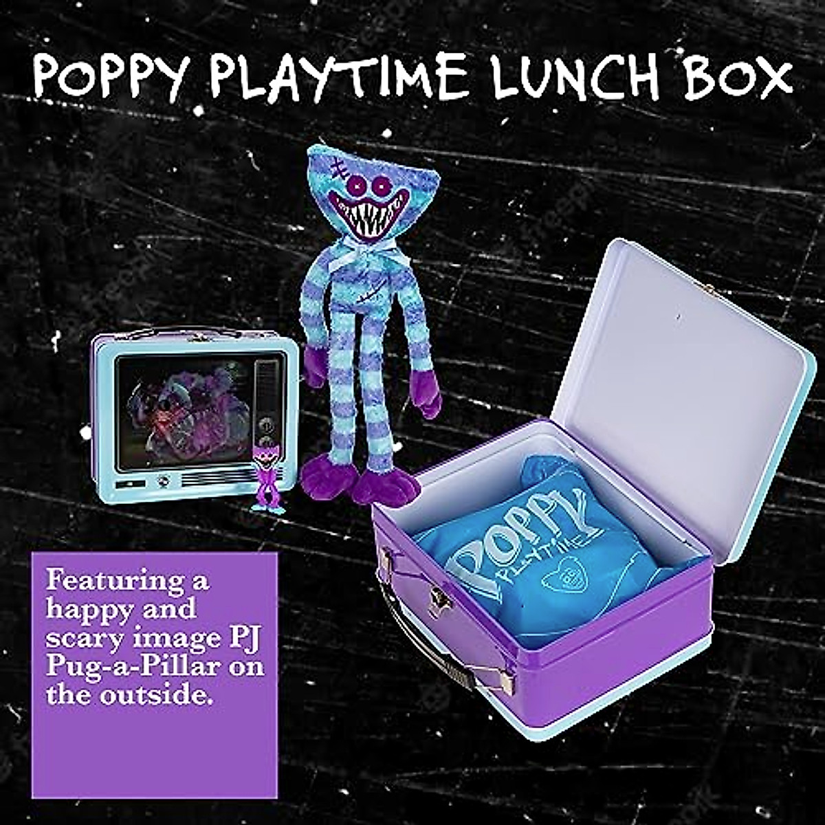 UCC DISTRIBUTING Poppy Playtime Huggy Wuggy & Friends PJ Pug-a-Piller Exclusive Lenticular Lunch Box Collectors Bundle - Includes 4 Exclusive Items –Plush, Figure, Mini Poster and Tin Lunch Box