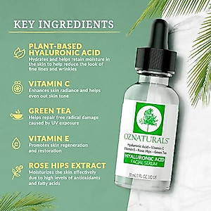 OZNATURALS Hyaluronic Acid Serum for Face - Plumping Serum, Hydrating Facial Skin Product, Natural Ingredients, Plump Fine Lines, Anti-Aging Face Serum, Organic Aloe + Rosehips Intense Moisture