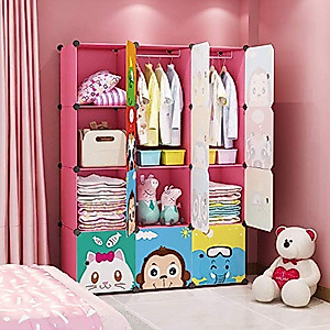 MAGINELS Children Wardrobe Kid Dresser Cute Baby Portable Closet Bedroom Armoire Clothes Hanging Storage Rack Cube Organizer,(Pink, 8 Cube & 2 Rod)