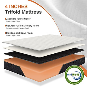 Sweetcrispy Tri-fold Memory Foam Mattress - 3 Inch Single Size Portable Bed Pad, Foldable Floor Mat, Collapsible and Washable Cover with CertiPUR-US Certified, for Travel & Camping & Yoga