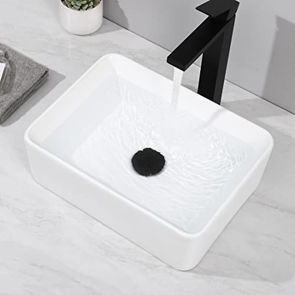 KES Rectangle Bathroom Sink with Bathroom Sink Drain Combo, 16" x 12" White Ceramic Vessel Sink Above Counter with Pop Up Drain Stopper Brass and Stainless Steel Matte Black, BVS110S40+S2008D-BK