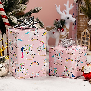 MAYPLUSS Christmas Wrapping Paper Roll - 17 Inch X 33 Feet - Fairytale Christmas Baby Pink Unicorn, Snow, Santa Claus, Rainbow Design Girl Holiday Winter Gift Wrap for Baby Shower, Party & Wedding
