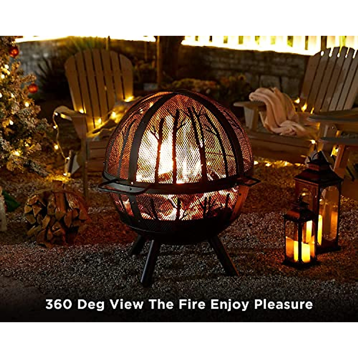 PaPaJet 35 inch Fire Pit for Outside, Wood Burning Fire Pit with Cover, Bonfire Globe Fire Pit with Poker Tree Pattern for Patio Backyard Garden Black