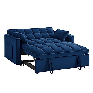 LUMISOL 4 in 1 Loveseat Sofa Bed with Armrests and Storage Pockets, Multifunctional Tufted Pull-Out Sofa Bed with Adjustable Backrest and Pillows, Convertible Loveseat Sofa Couch, 2 Seat, Blue