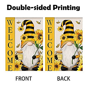 WODISON Welcome Spring Summer Garden Flag Sunflower Gnome Floral Bee Flag, 12 x 18 Inch Vertical Double Sided Burlap Banner for Outdoor Seasonal Decoration (ONLY FLAG)