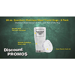 Personalized 20 oz. Quantum Stainless Steel Travel Mugs - 6 pack Custom Text, Logo - White