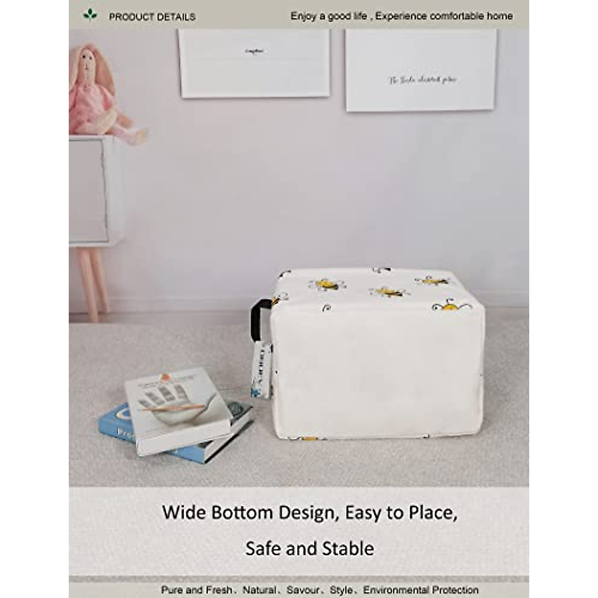 ONOEV Rectangular Folding Laundry Basket, waterproof Canvas Basket,gift basket,Suitable for children's room,Office,Clothes,Toys Storage（Bee）