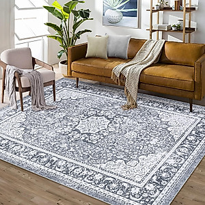 ROYHOME Vintage Area Rug 5x7 Machine Washable Floral Distressed Carpet Rug Retro Medallion Stain Resistant Non-Slip Accent Rug Coffee Table Rug Farmhouse Dining Office Bedroom Decor, Grey