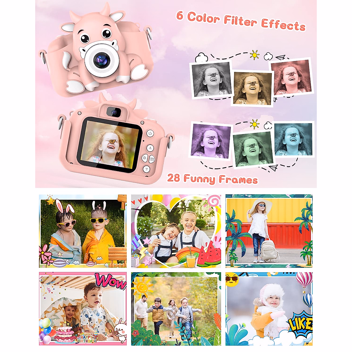 GREENKINDER Kids Camera, Toddler Digital Camera for Ages 3-12 Year Old Girls Boys Childrens, Christmas Birthday Toys Gifts, Selfie Camcorder HD 1080P Video 32GB Calf Pink