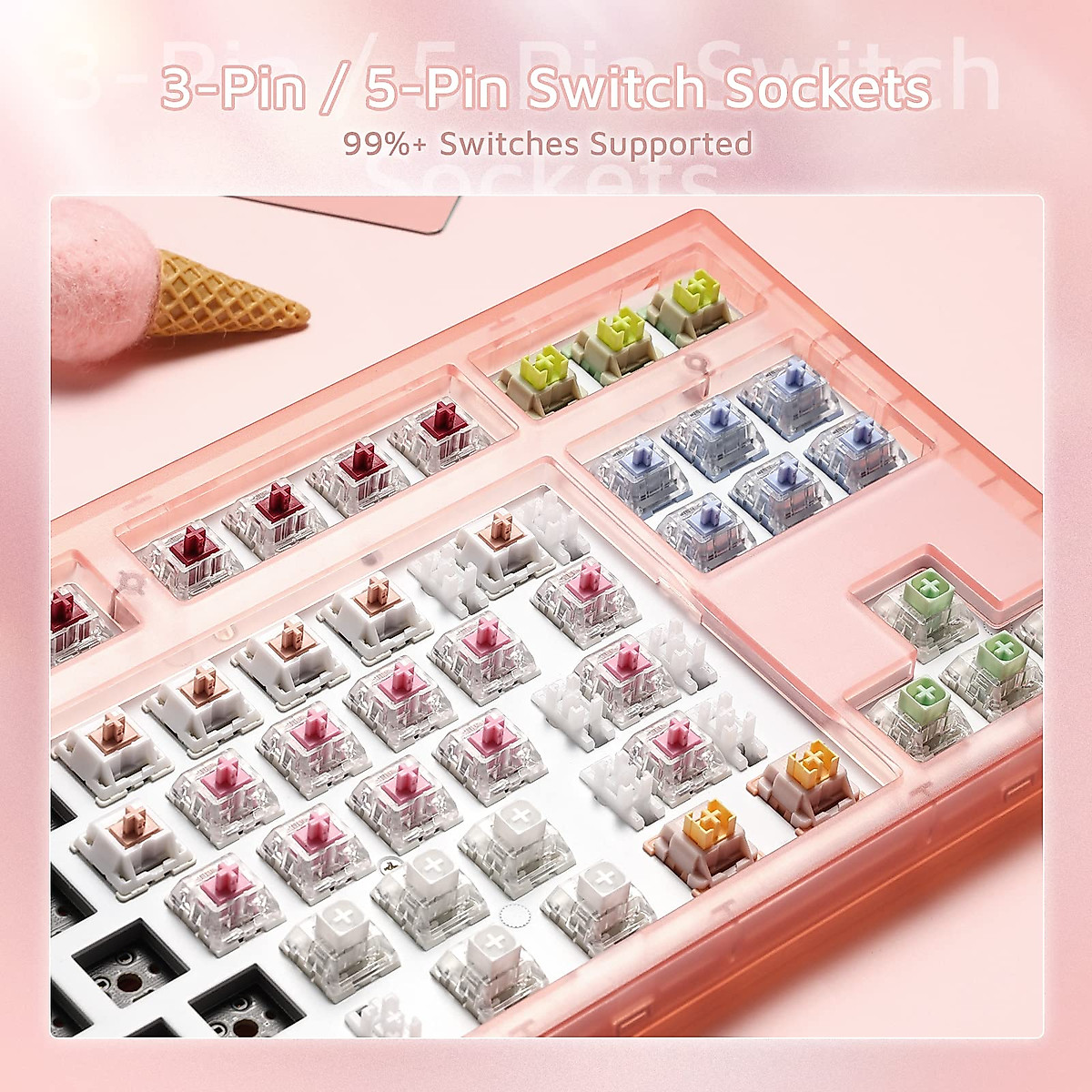 FL ESPORTS MK870 CMMK 87 Keys RGB Modular Mechanical Keyboard, 80% TKL Wired Gaming Keyboard DIY Kit w/Hot-Swap Switch Sockets (5-pin) & Customizable Software Supported (Barebones, Frosted Pink)