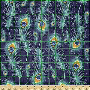 Ambesonne Peacock Fabric by The Yard, Graphic Peacock Bird Feathers Background Designed Image, Stretch Knit Fabric for Clothing Sewing and Arts Crafts, 2 Yards, Navy Blue