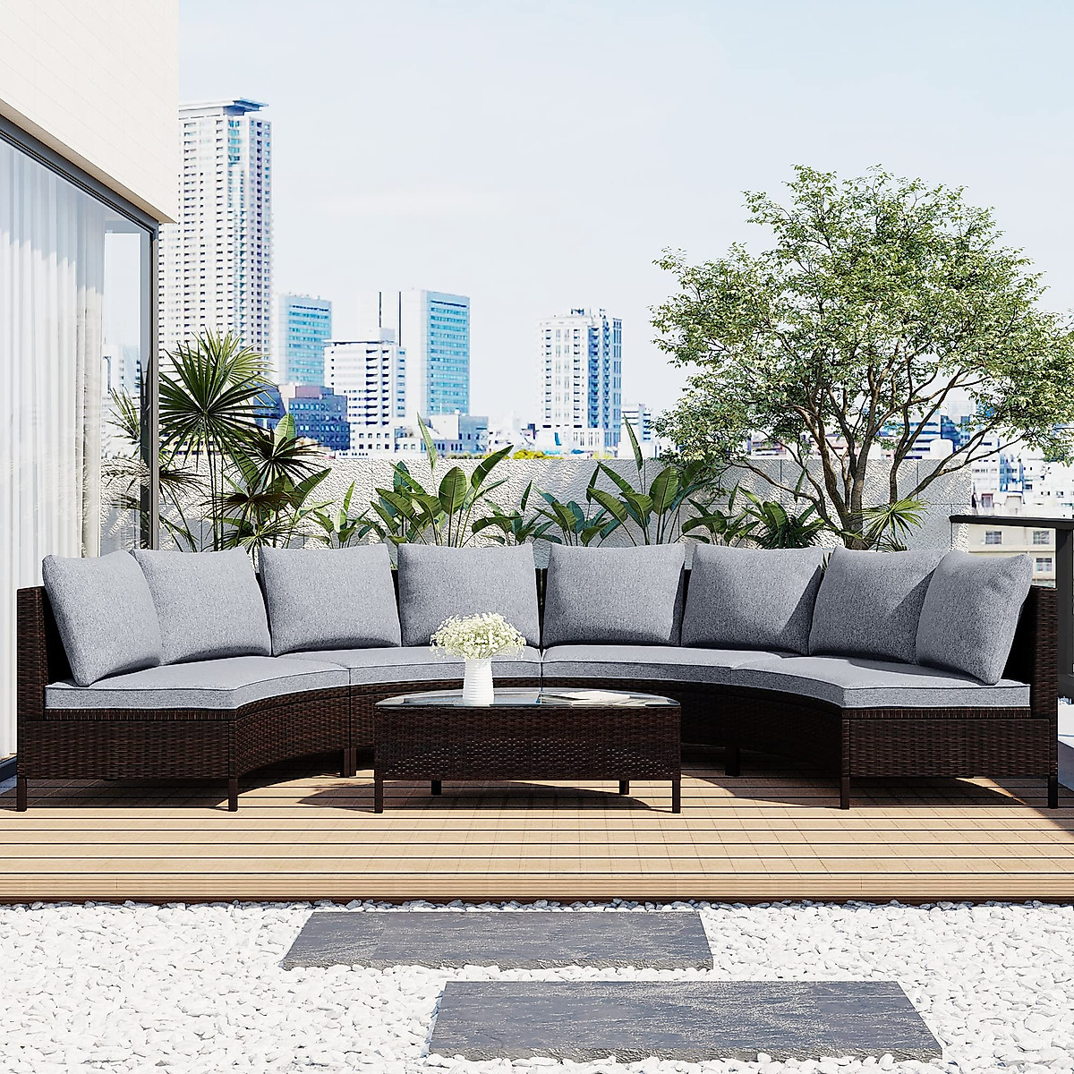 Tensun 5 Pieces All-Weather Brown PE Rattan Wicker Sofa Set Outdoor Patio Sectional Furniture Set Half-Moon Sofa Set with Tempered Glass Table for Garden Balcony Backyard(Grey)