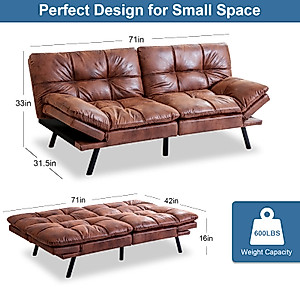 Maxspeed Sofa Bed Couch, Memory Foam Futon Sofa Bed with Mattress and Frame Included,Comfortable Brown Faxu Leather Loveseat Sleeper Sofa for Dorm Apartment Office College Small Space Bedroom