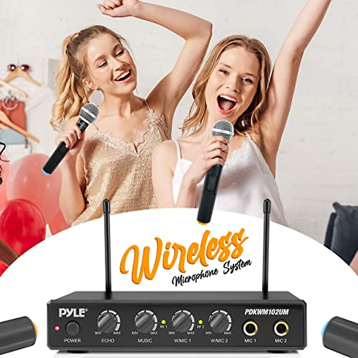 Pyle Wireless Karaoke Microphone System - Portable Audio Sound Mixer Receiver Set w/Dual Mic Setting, Two Handheld Mics, 3.5mm AUX & RCA Cord - for DJ Sound, Home Party, & Theater - PDKWM102UM