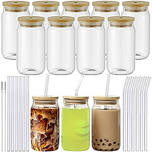 Houseables Glass Cups With Lids And Straws, Reusable Iced Coffee Glasses, 16oz, Set Of 12, Can Shaped Cute Tumbler, Bamboo Lid, For Drinking, Smoothie, Tea, Cocktail, Cold Brew, Soda, Travel Cup
