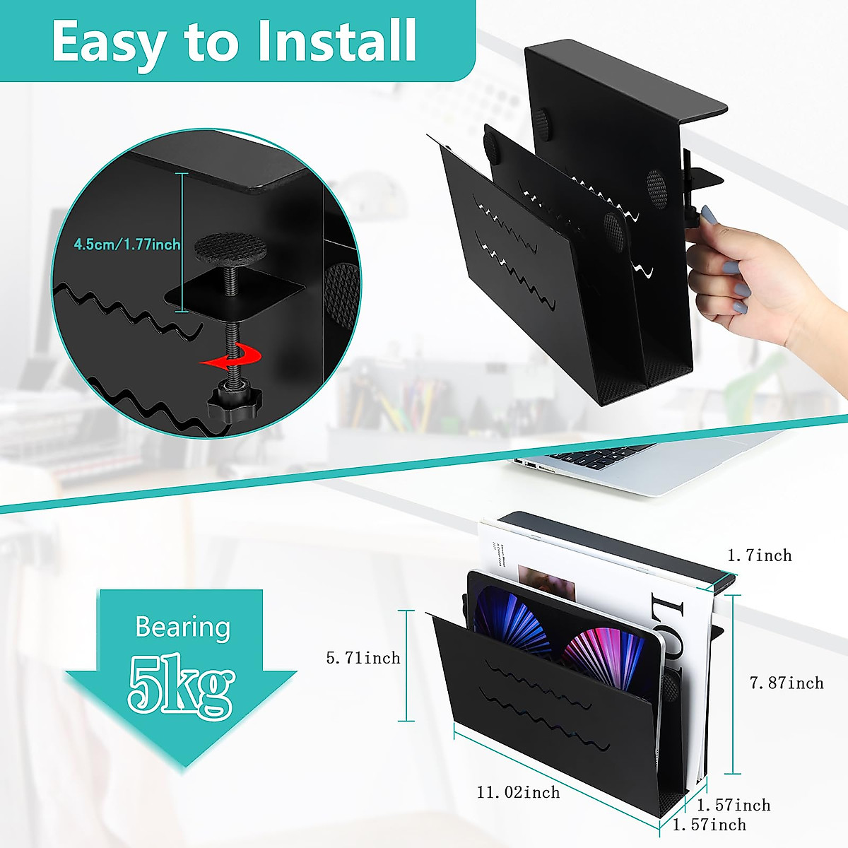 Everkeen Desk Side Storage, 2 Tier Hanging Desk Organizer, No Drill Under Desk Storage,Laptop Holder, Document Shelf, for Office or Home, Black