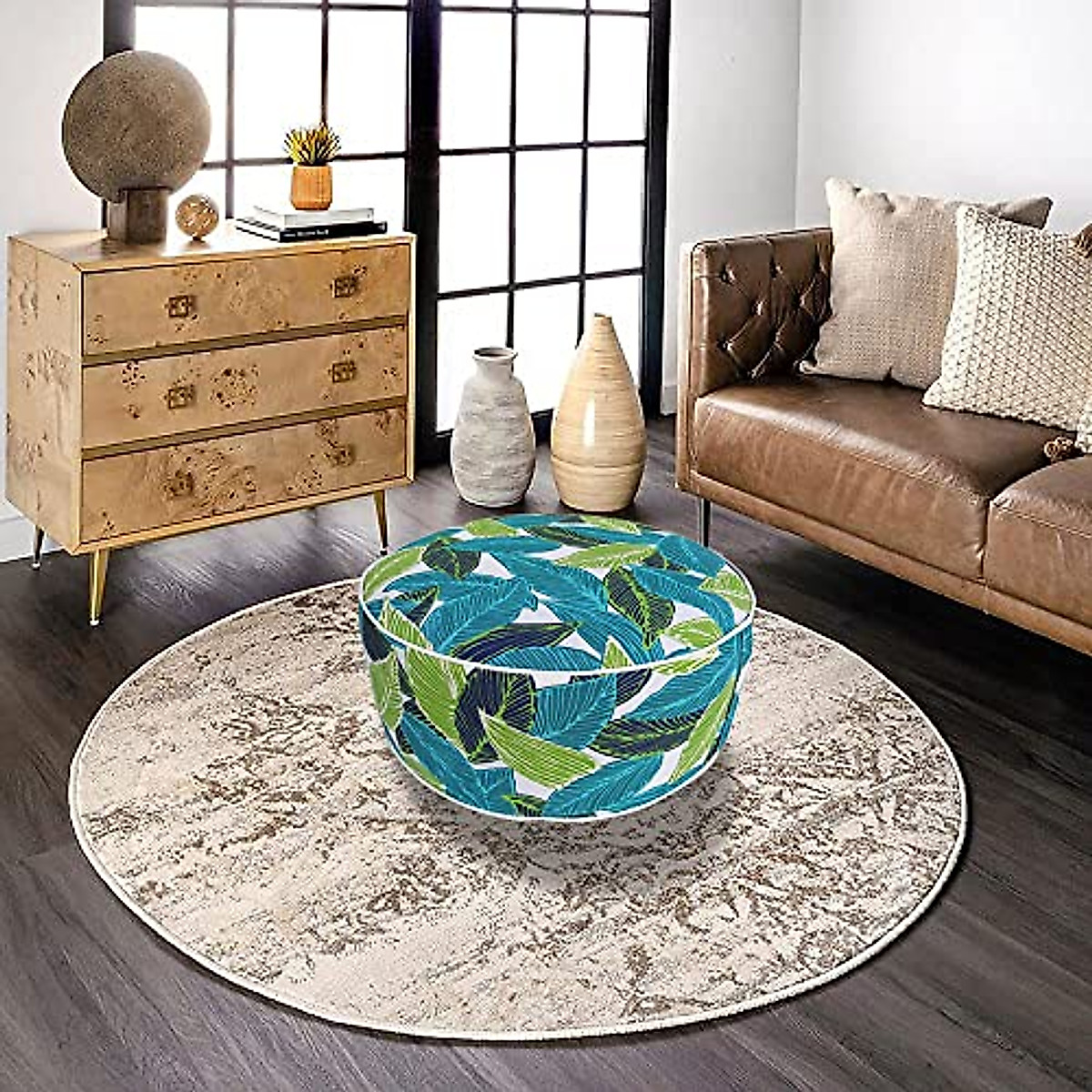 Grezone Inflatable Footstool Round Ottoman 21x9 Inch Used for Indoor or Outdoor Kids/Adults Home Yoga Patio Deck Front Porch Backyard Garden Travel Portable Camping Bearing 285 lb (Leaf)