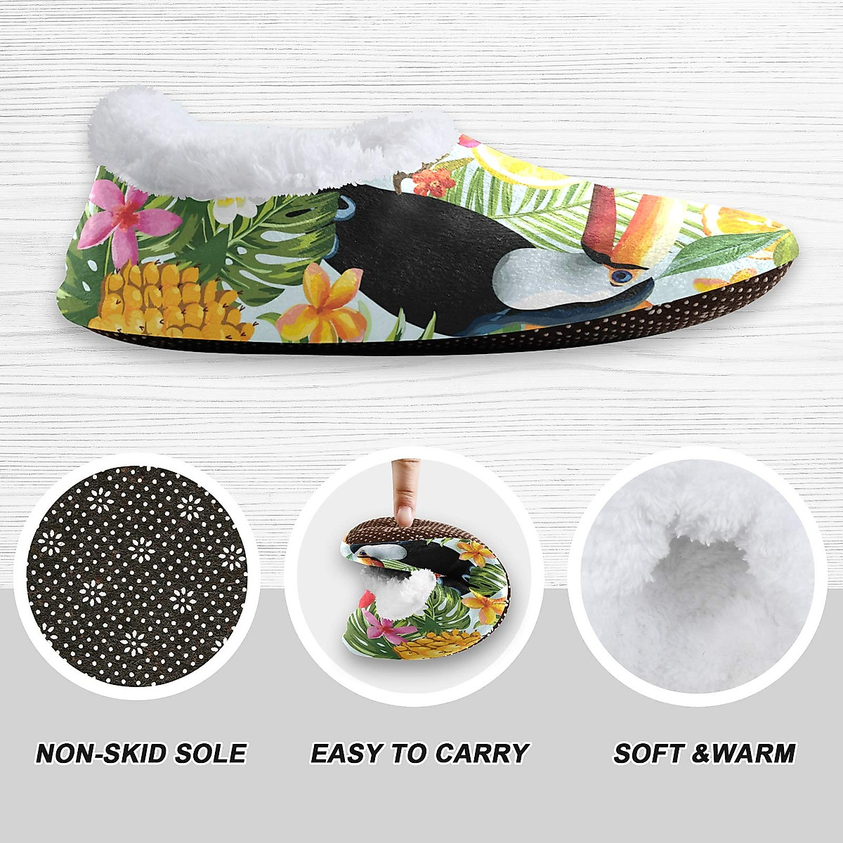 Qmxo Tropical Fruits Lemon Bird Toucan Flowers Slippers for Women and Men, Womens Coral Fleece Indoor Slippers House slippers Socks Fuzzy Feet Slippers Bedroom Slippers Non-Slip